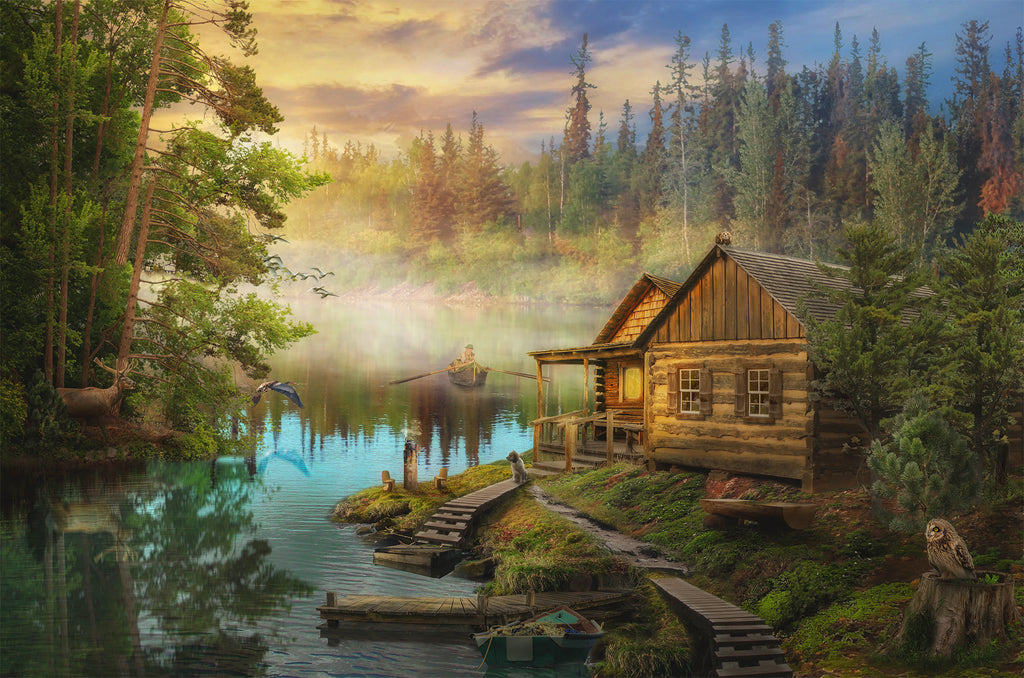 Home › Log Cabin Fabric with lake, deer, canoe and owl in forest 1399