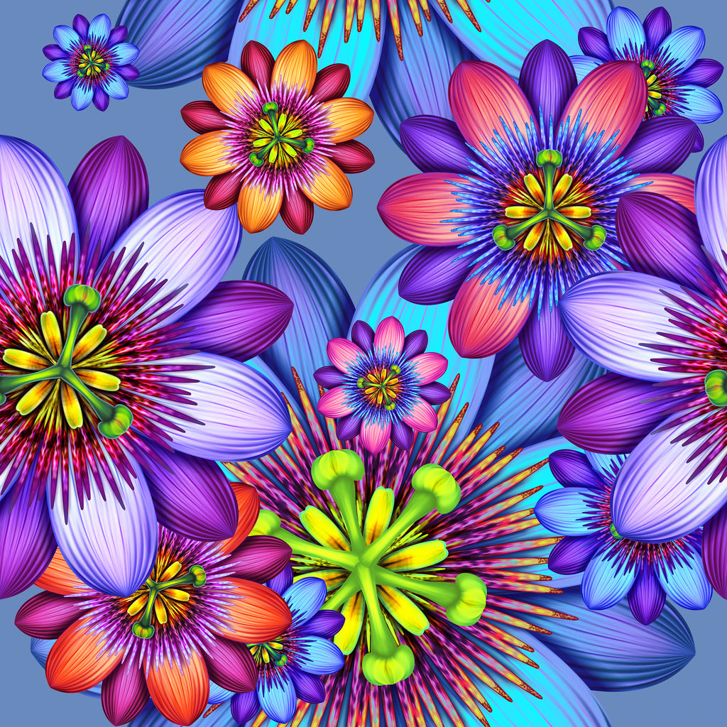 Home › Flower Fabric, Blue Illustrated Flower Fabric, Cotton or Fleece 1568