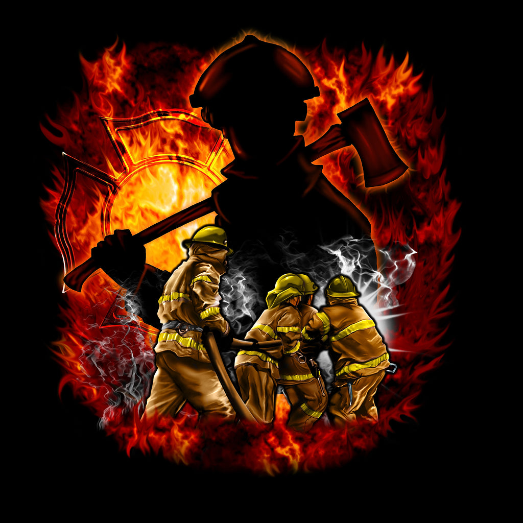 Home › Fire Fighter Fabric, Fighting Together on Black 1606