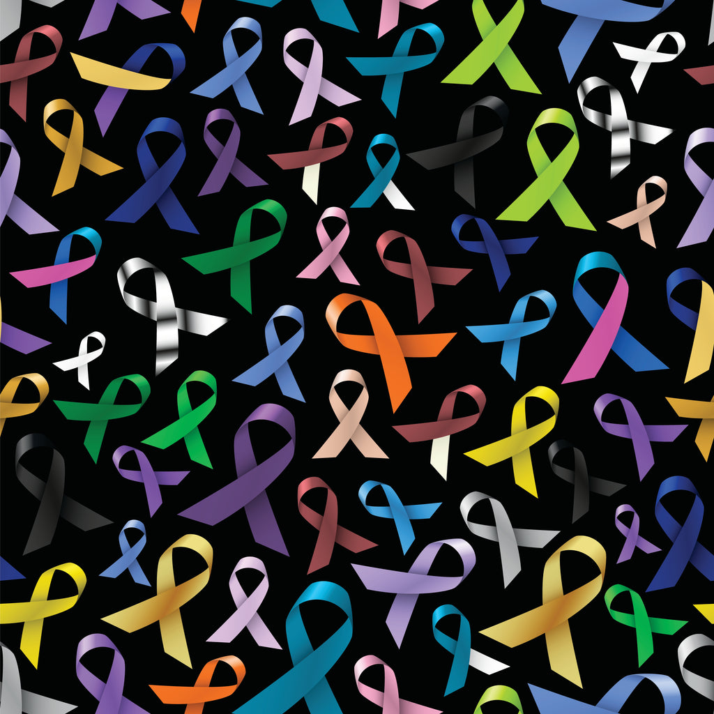 Home › Cancer Fabric, Multi Cancer Awareness Ribbon on Black, Cotton or ...